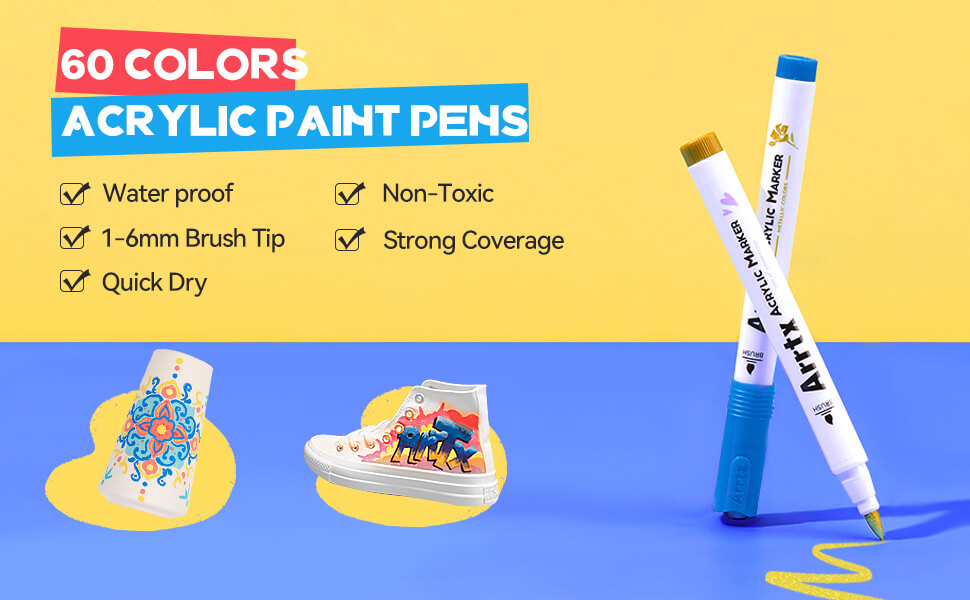 Arrtx Paint Pens 60 Colors Acrylic Marker Brush Tip Art Supplies 60A ...