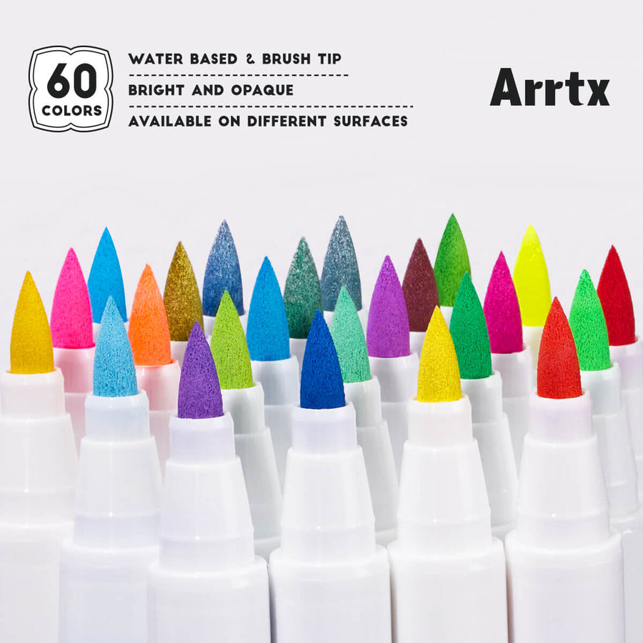 Arrtx Paint Pens 60 Regular Colors Acrylic Marker Brush Tip Art Suppli ...