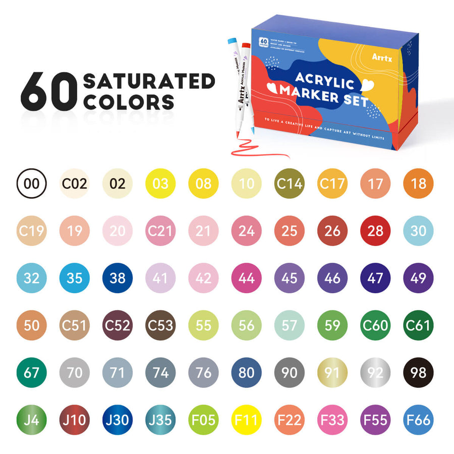 Arrtx Paint Pens 60 Regular Colors Acrylic Marker Brush Tip Art Suppli ...