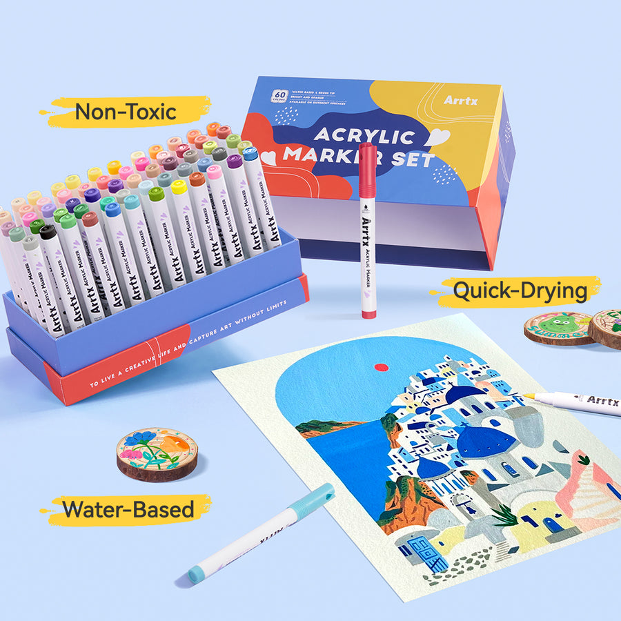 Arrtx Paint Pens 60 Regular Colors Acrylic Marker Brush Tip Art Suppli ...